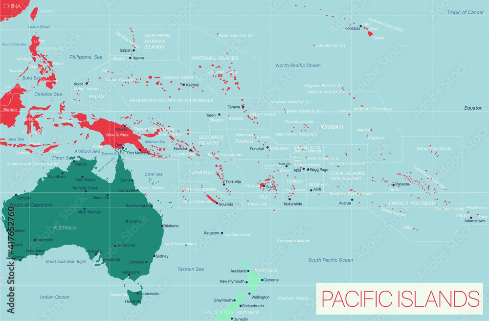 Pacific Island detailed editable map with cities and towns, geographic ...