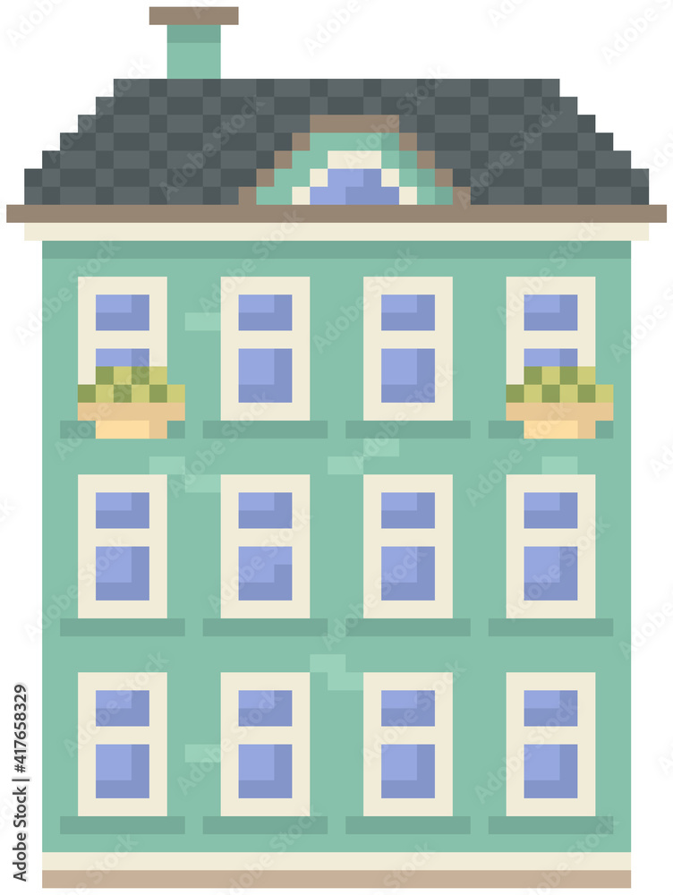 House isolated on white. Pixelated apartment building with many windows ...