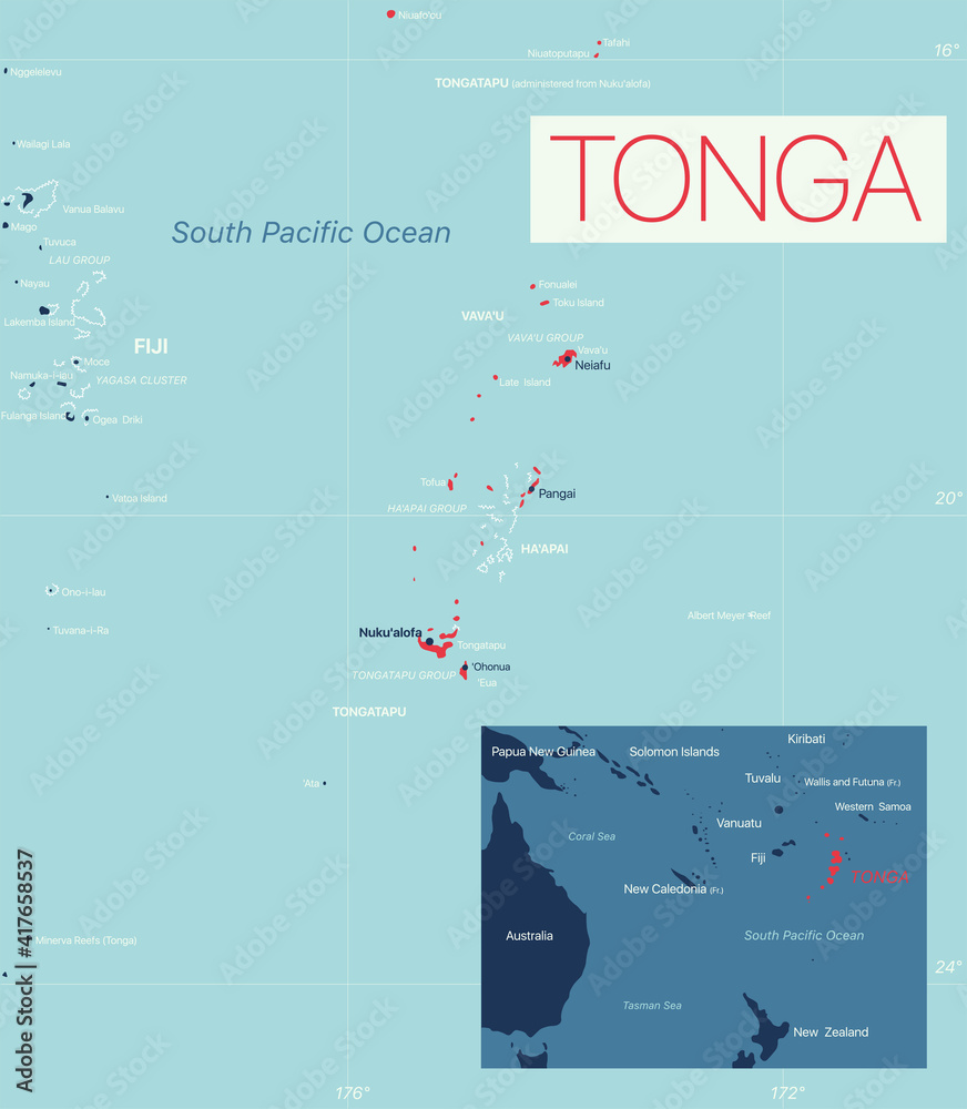 Tonga detailed editable map with cities and towns, geographic sites ...