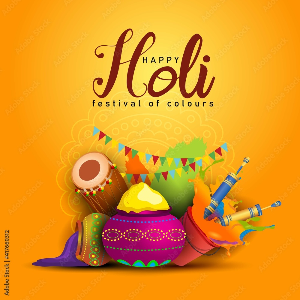 Happy Holi, poster, banner, template. Stylish text with holi elements ...