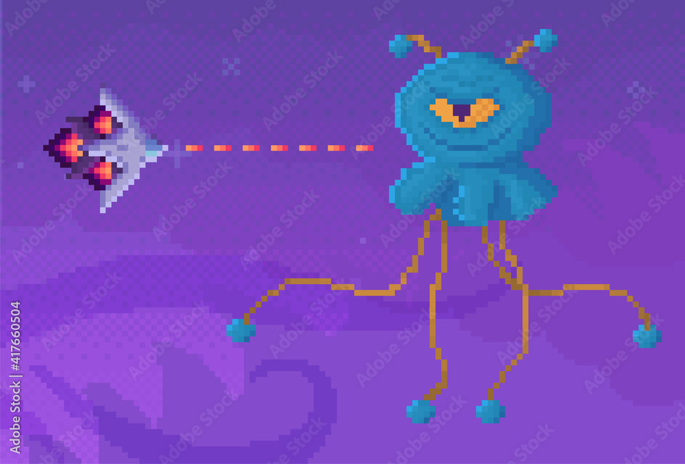 Boss of game next to combat aircraft. Space pixel game interface design ...