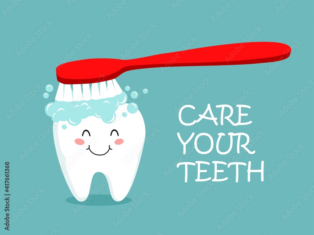 Poster with cute smiling cartoon tooth with soft foam bubbles ...