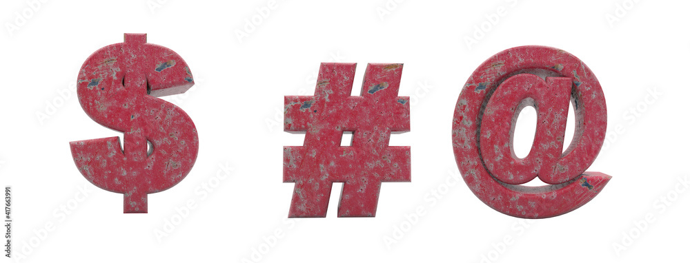 Alphabet of broken red wall. Dollar sign, hashtag, arroba . Red antique ...