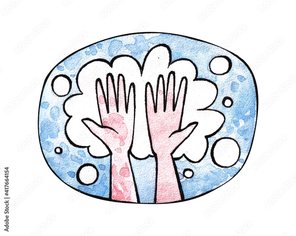 watercolor illustration clean hands. washing hands with soap. hygiene ...