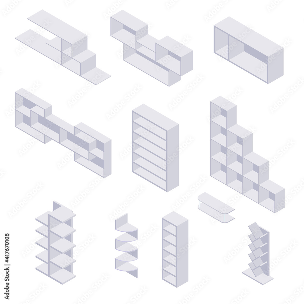 Bookshelf isometric - collection of various cases and shelves for books ...