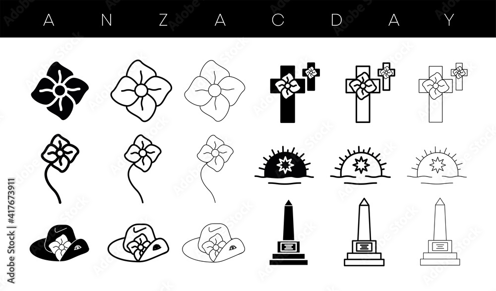 Anzac day designs icon set. Poppy, memorial, army cap, badge icon set ...