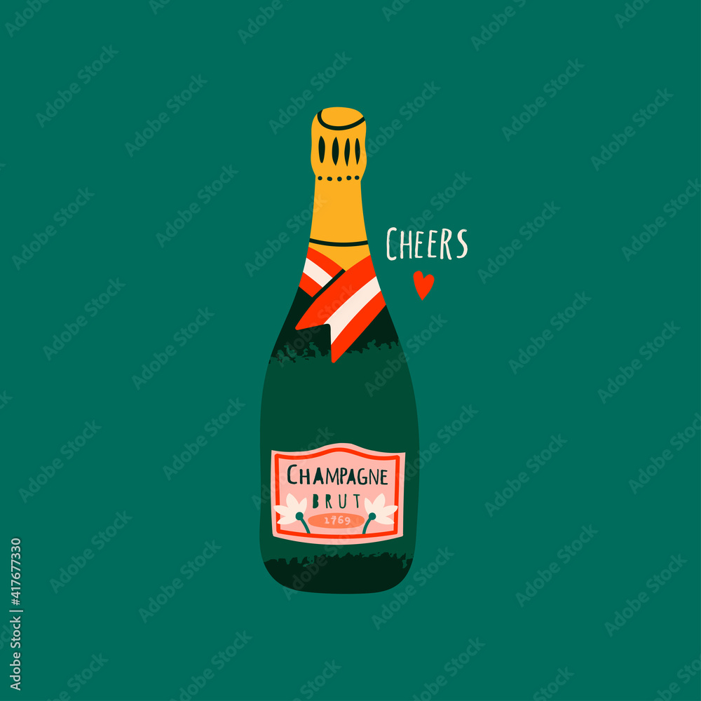 Bottle of Champagne brut. Cheers sign. Sparkling wine. Hand drawn ...