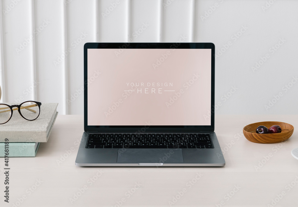 Laptop Mockup on Wooden Table Stock Template | Adobe Stock
