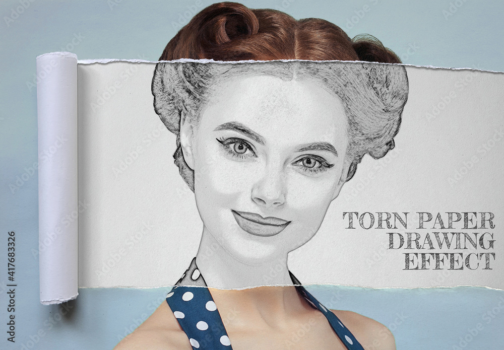 Torn Rolled Paper with Pencil Drawing Photo Effect Mockup Stock ...