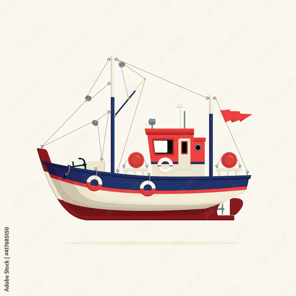 Color image of a fishing vessel, trawler or ship tug on a light ...