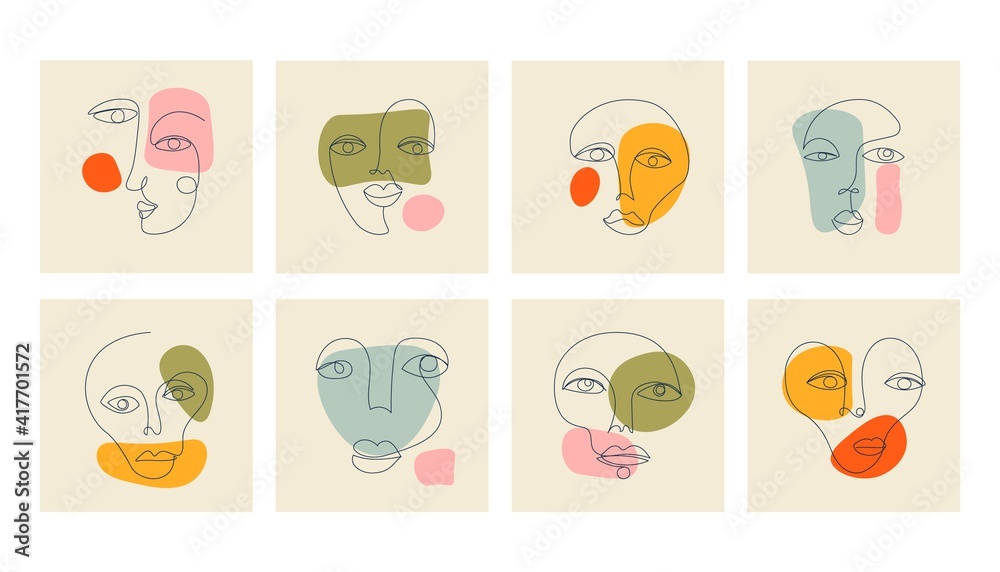 Abstract face set. Hand drawn organic shapes, continuous line ...