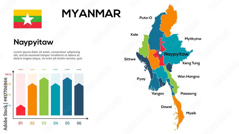 Myanmar map. Vector image of a global map in the form of regions of ...