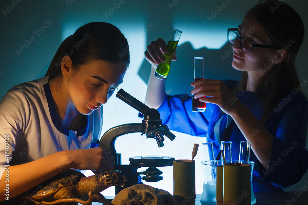 Student girl looking in a microscope, science laboratory concept. Two ...