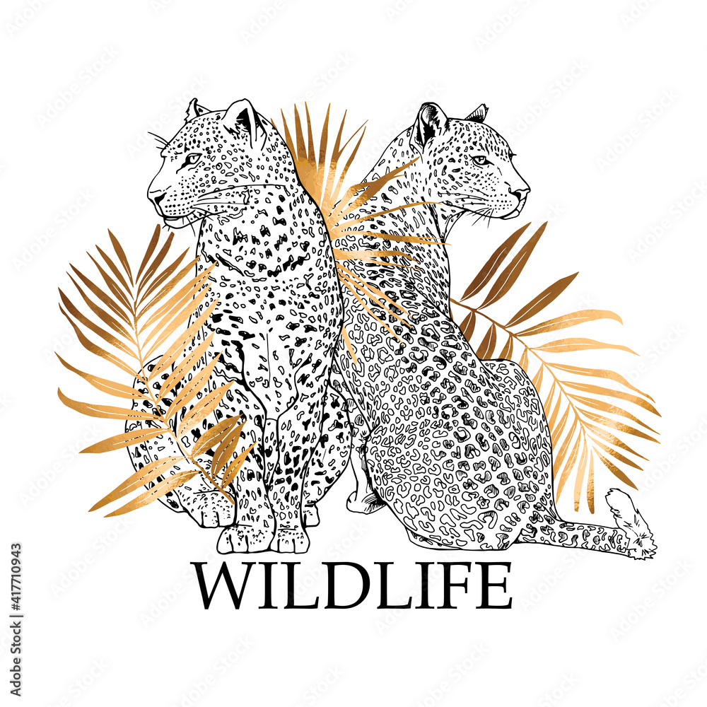 Sketch of a two sit leopard in a gold exotic palm leaves. Wildlife ...