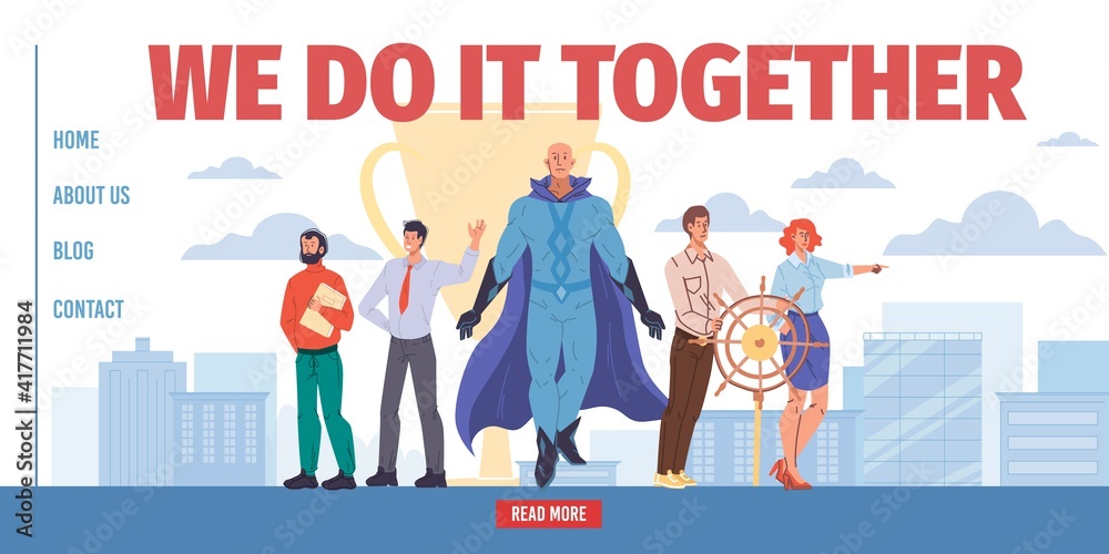 Vector cartoon flat superhero character leads team of successful ...