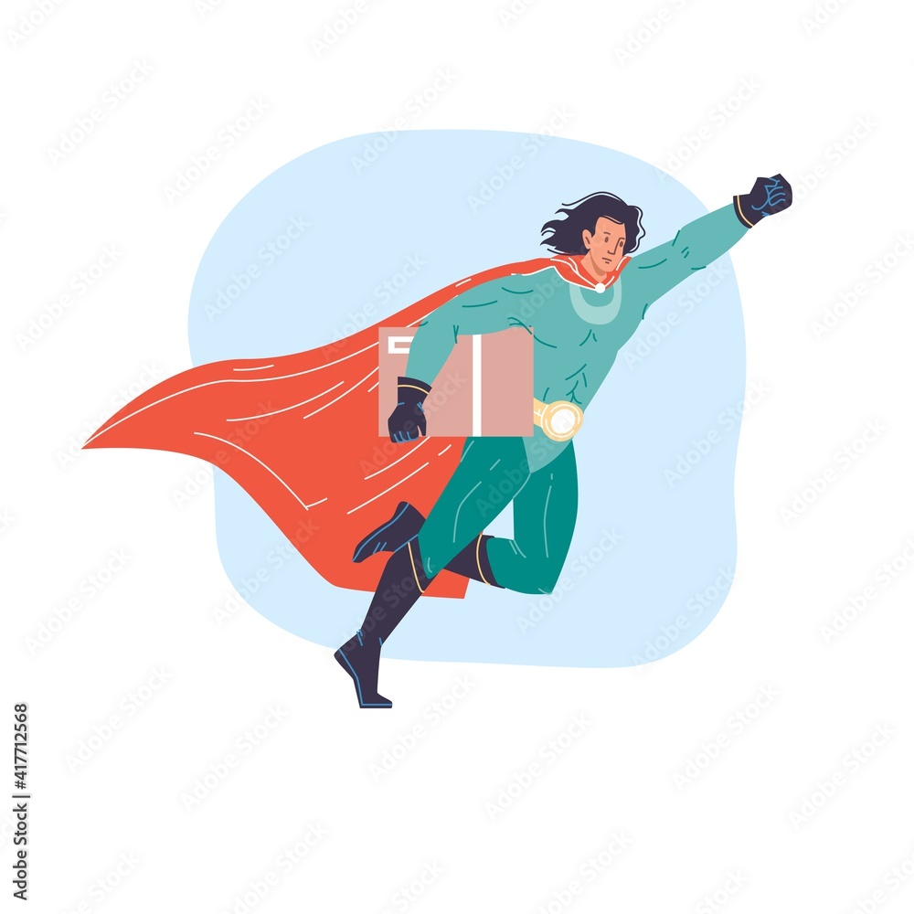 Vector cartoon flat superhero character in cape fly in sky with order ...
