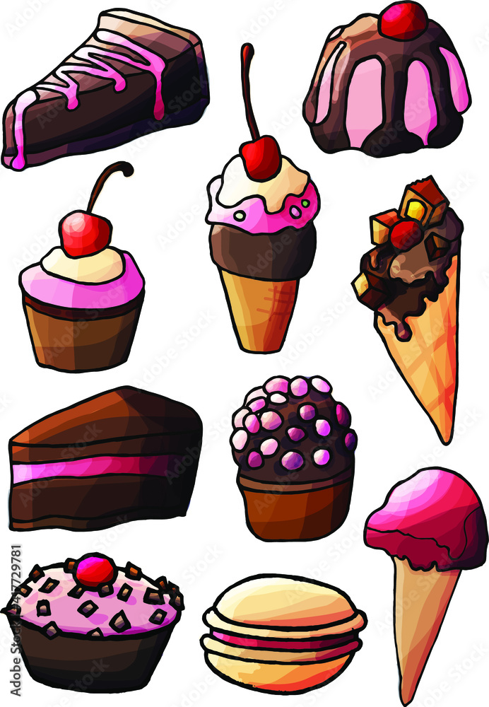 Set of sweets, cake, mafin, donut, ice cream, cartoon style isolated on ...