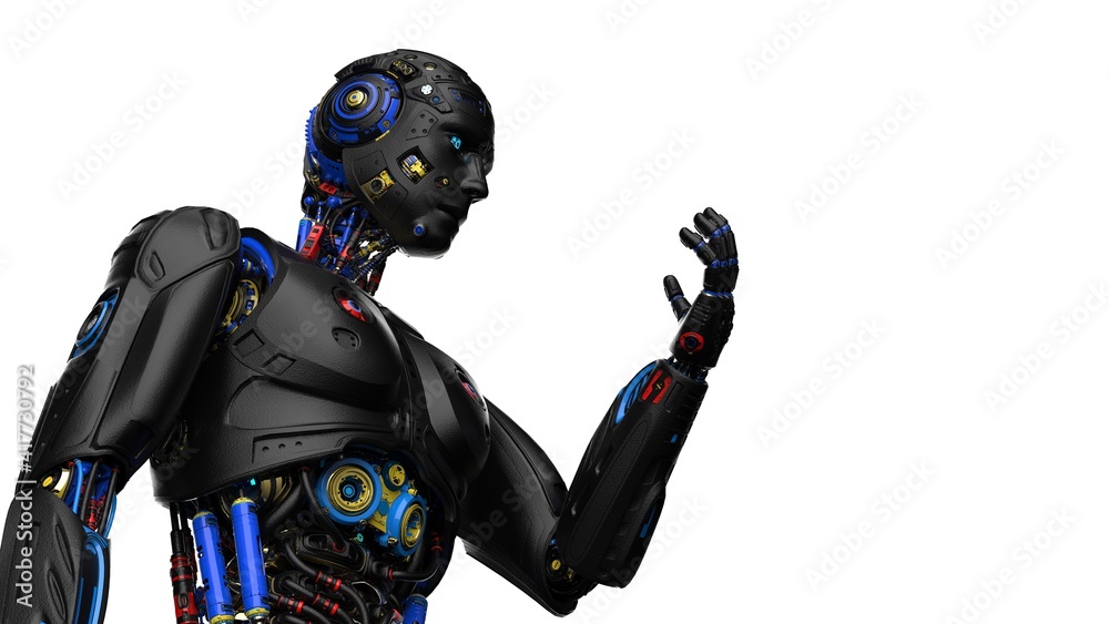 Detailed appearance of the Black AI robot under white background. 3D ...
