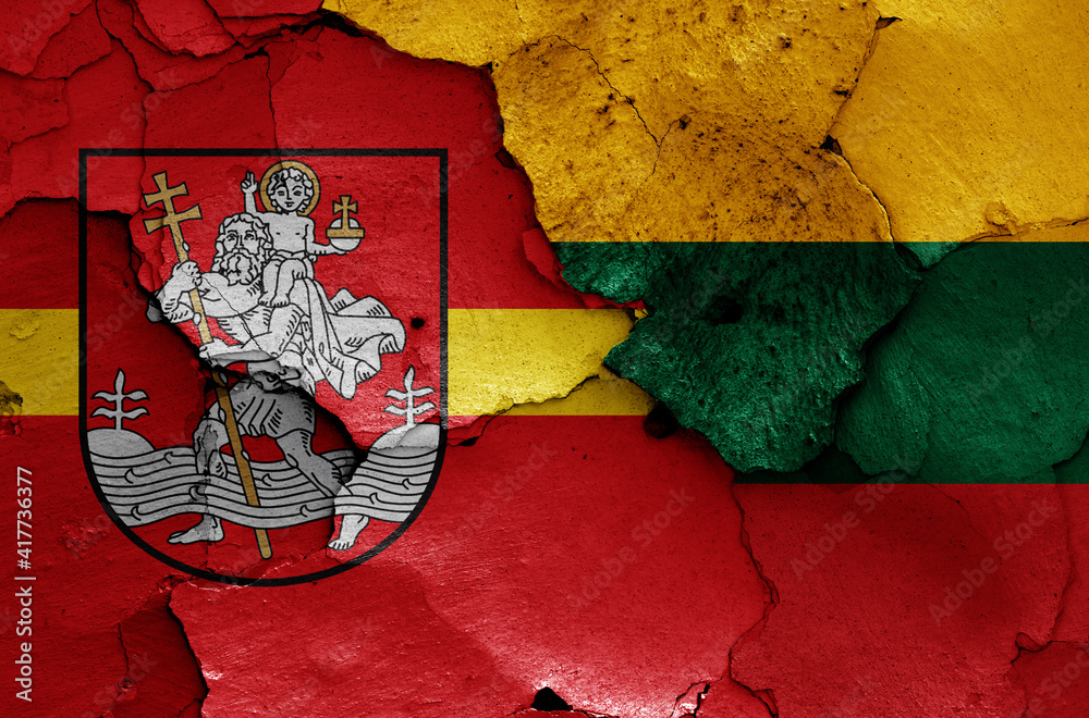 flags of Vilnius and Lithuania painted on cracked wall Stock ...