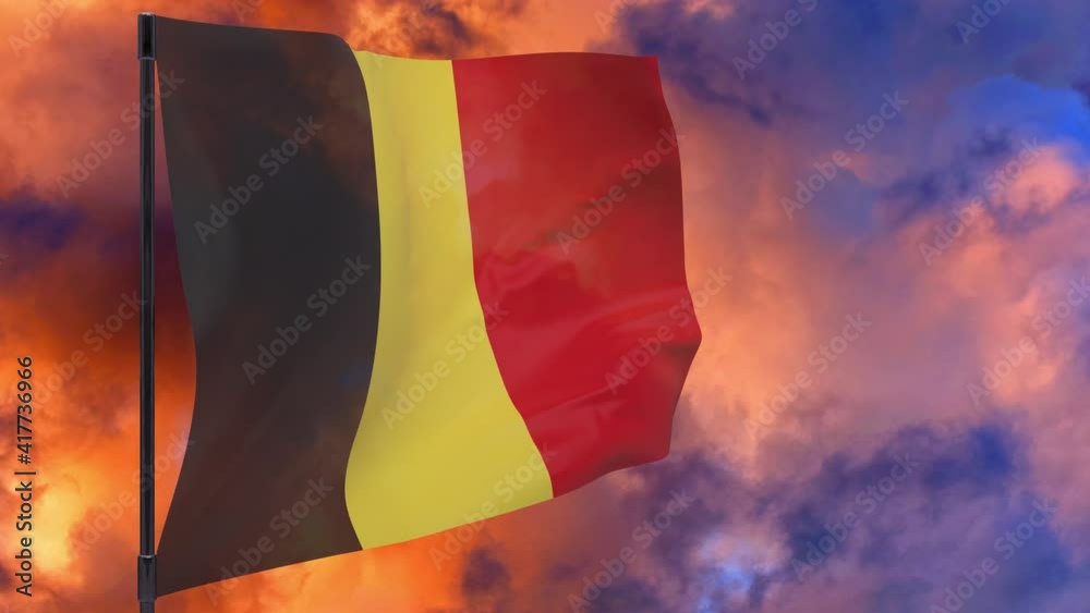 Belgium flag on pole with sky background seamless loop 3d animation ...