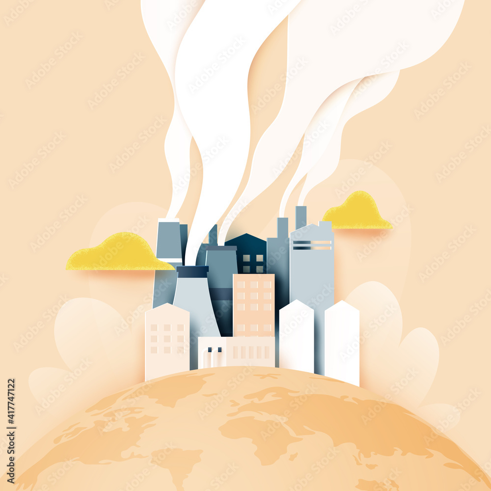 Paper art of the earth with smoke and air pollution from city and ...