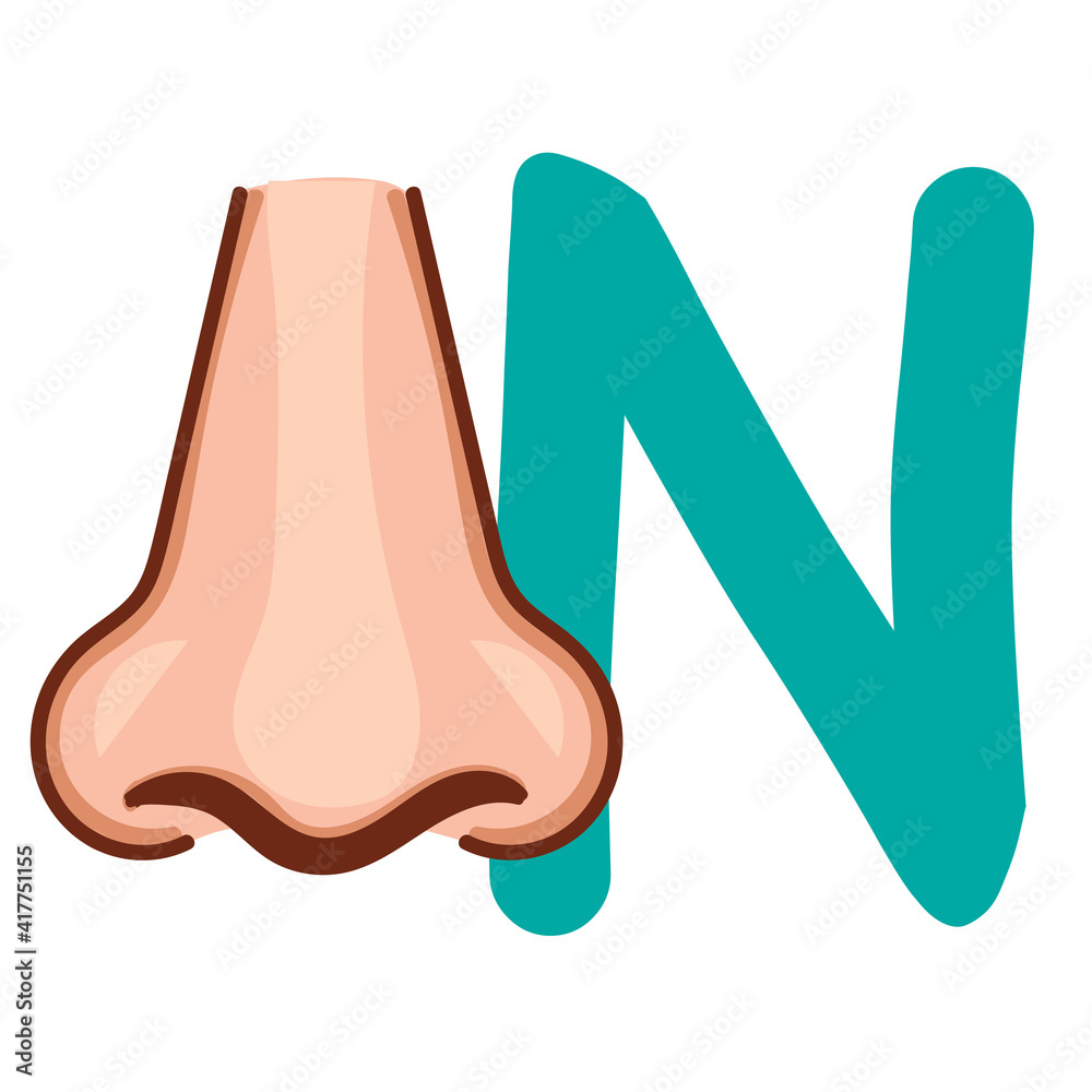 Capital letter N of English alphabet with cute cartoon nose. Funny font ...