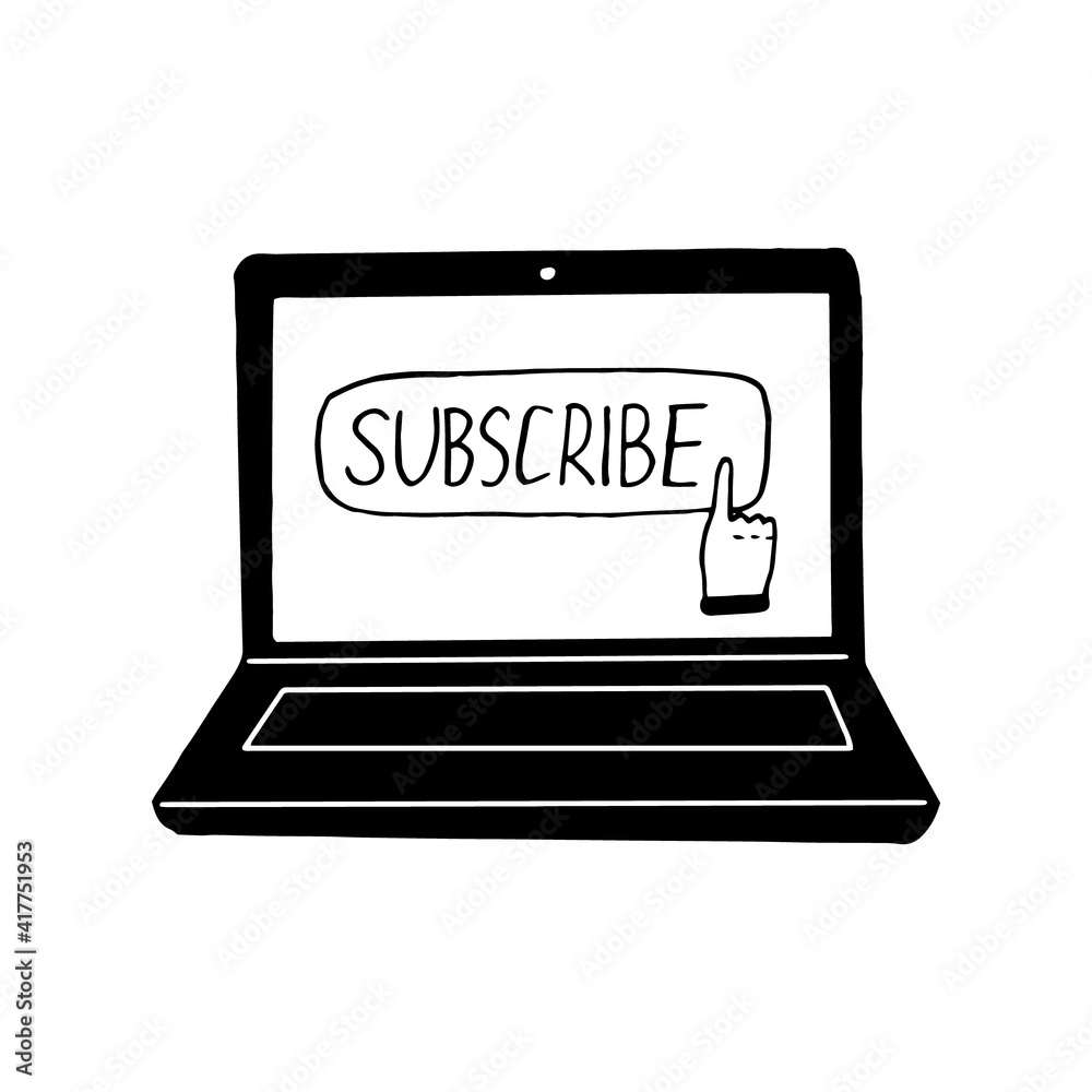laptop and lettering on screen subscribe click icon, sticker. sketch ...