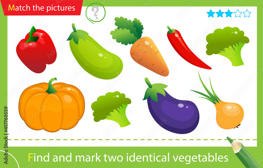 Find and mark two identical items. Puzzle for kids. Matching game ...