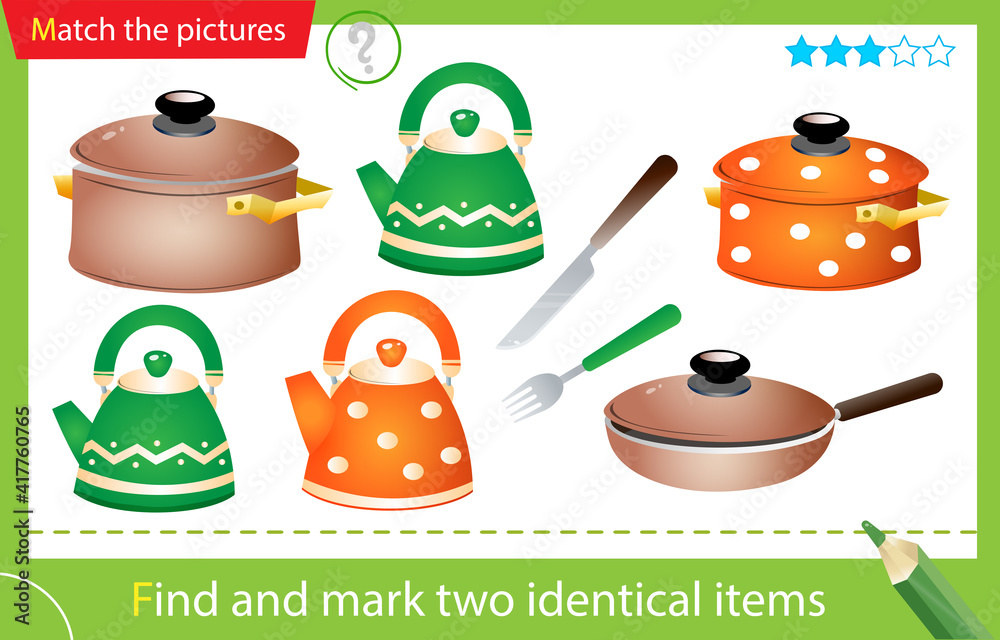 Find and mark two identical items. Puzzle for kids. Matching game ...