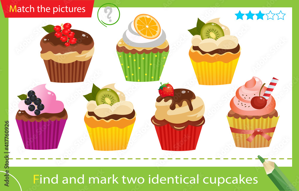 Vetor de Find and mark two identical items. Puzzle for kids. Matching ...