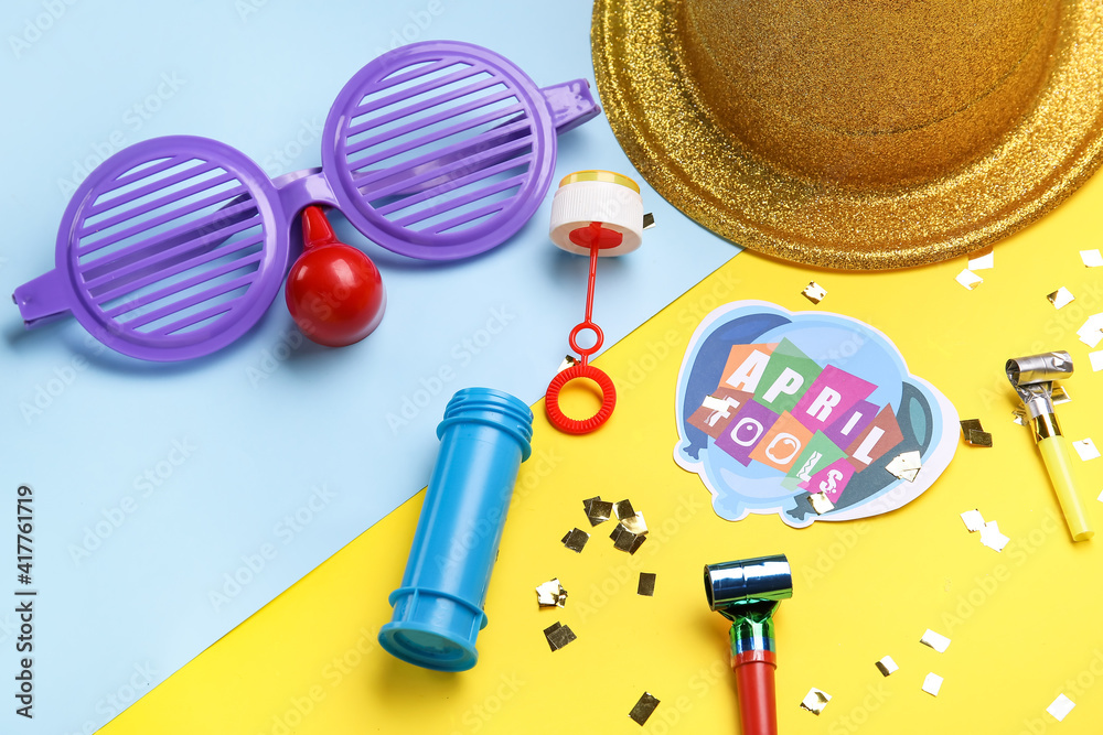 Party decor for April Fools Day on color background Stock Photo | Adobe ...