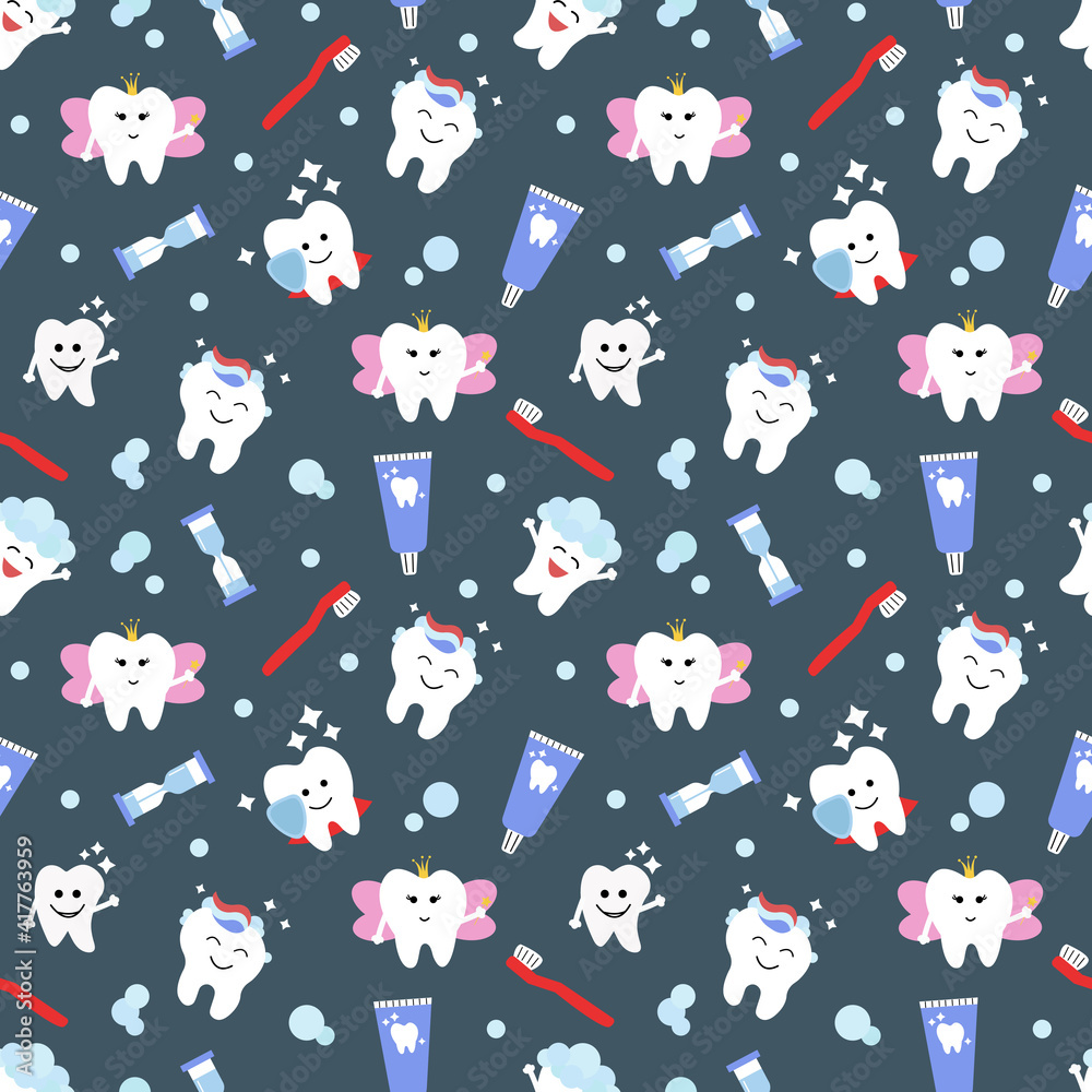 Seamless pattern with cute teeth and objects for dental care on blue ...