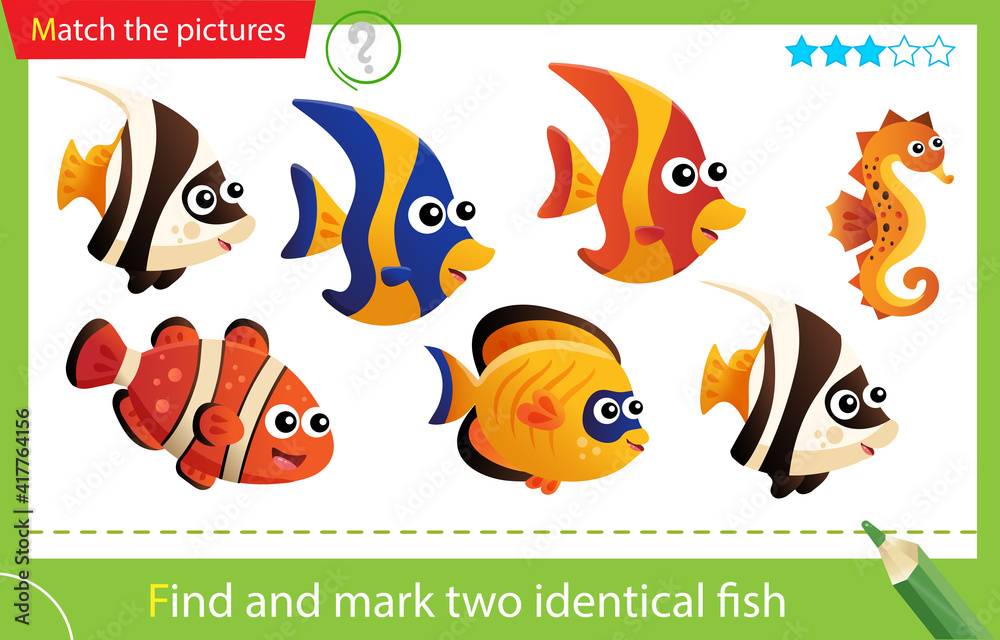 Find and mark two identical items. Puzzle for kids. Matching game ...