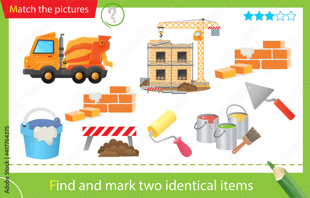 Find and mark two identical items. Puzzle for kids. Matching game ...