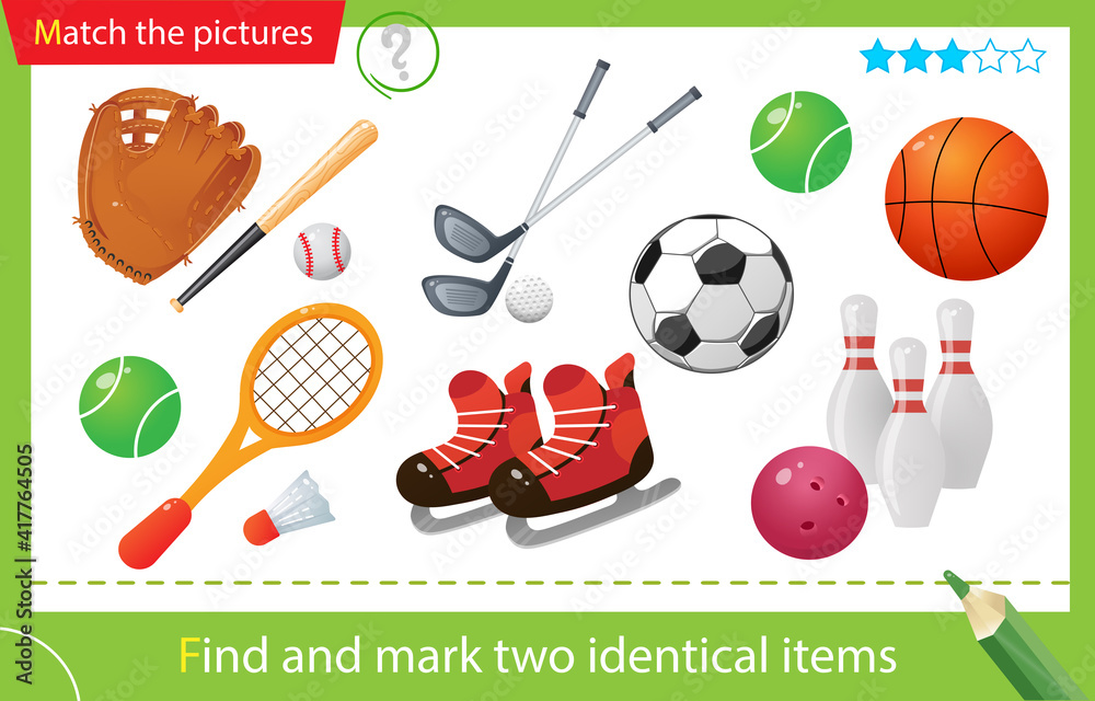 Find and mark two identical items. Puzzle for kids. Matching game ...