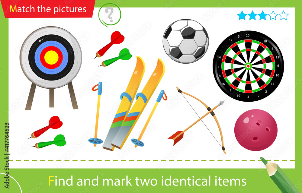 Find and mark two identical items. Puzzle for kids. Matching game ...