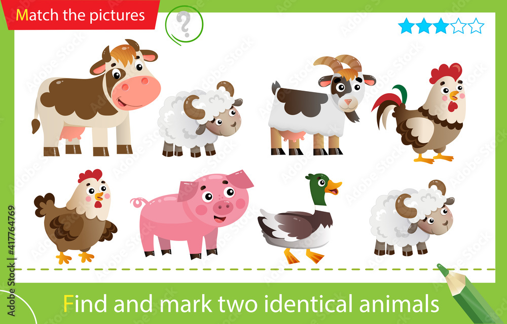 Find and mark two identical animals. Puzzle for kids. Matching game ...