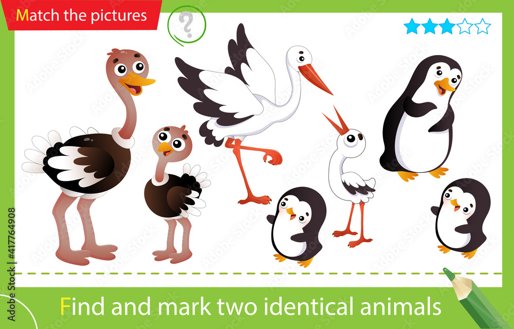 Find and mark two identical animals. Puzzle for kids. Matching game ...