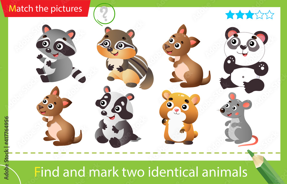 Find and mark two identical animals. Puzzle for kids. Matching game ...
