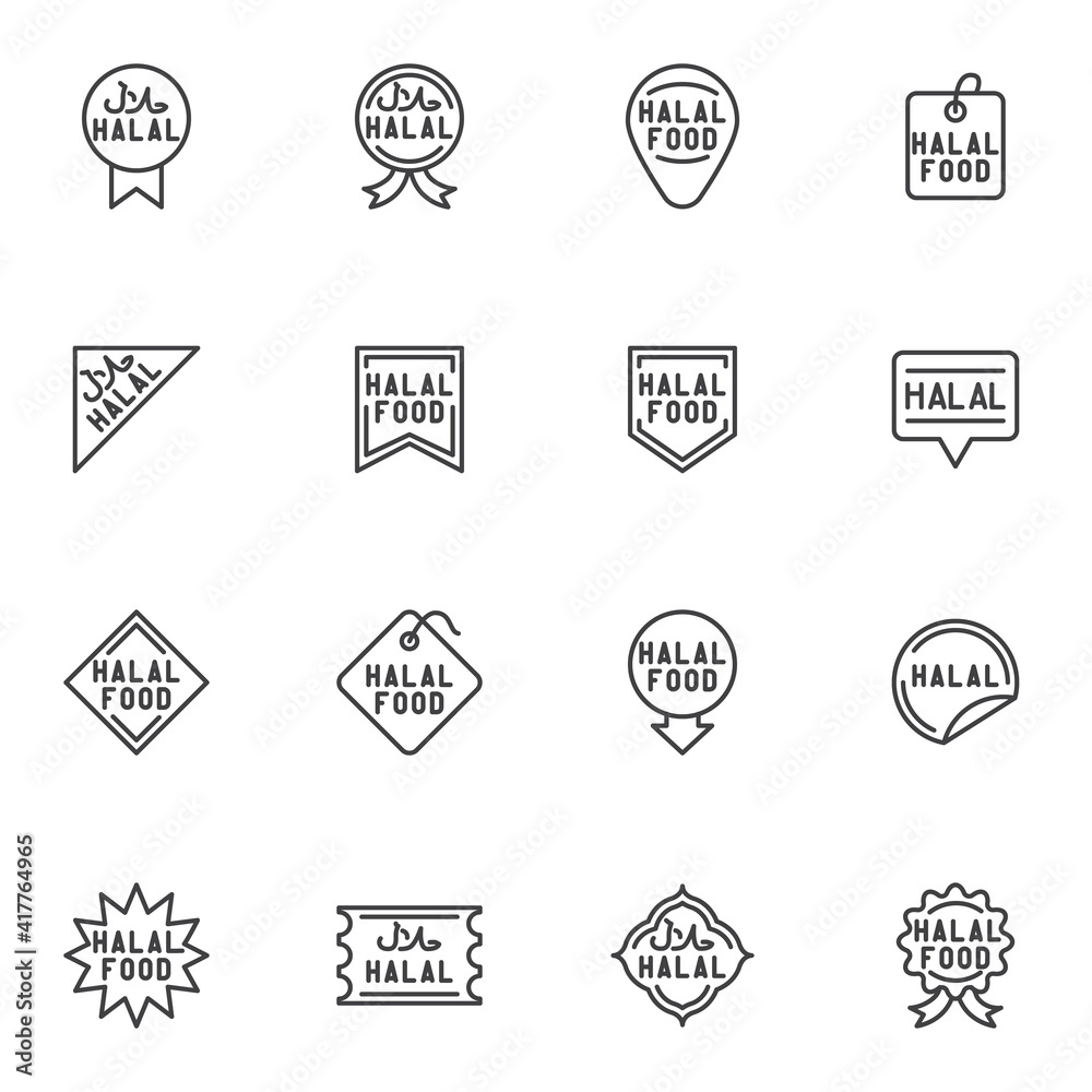 Halal food badge line icons set, outline vector symbol collection ...