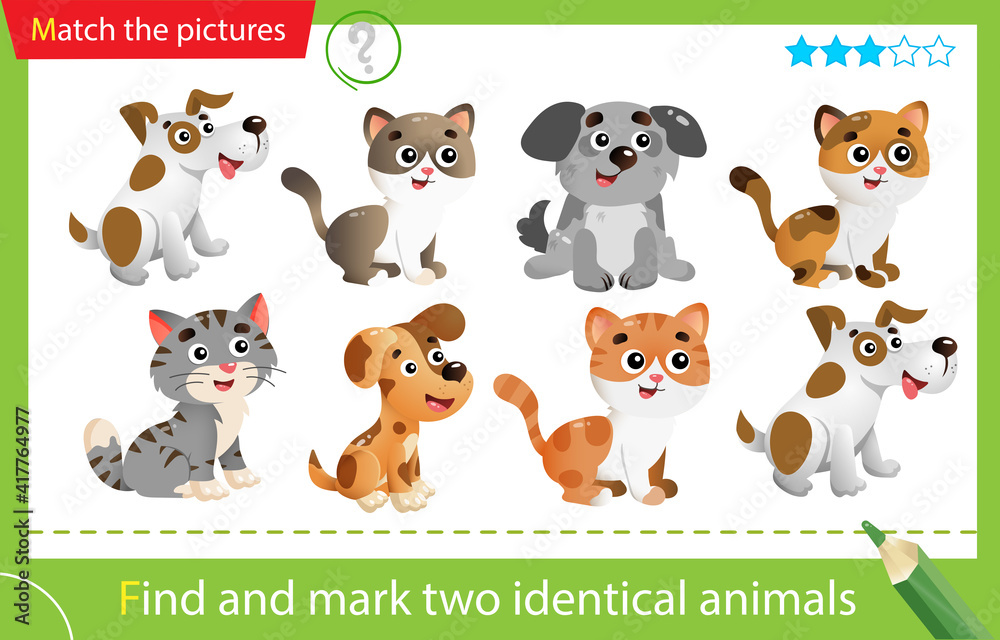 Find and mark two identical animals. Puzzle for kids. Matching game ...
