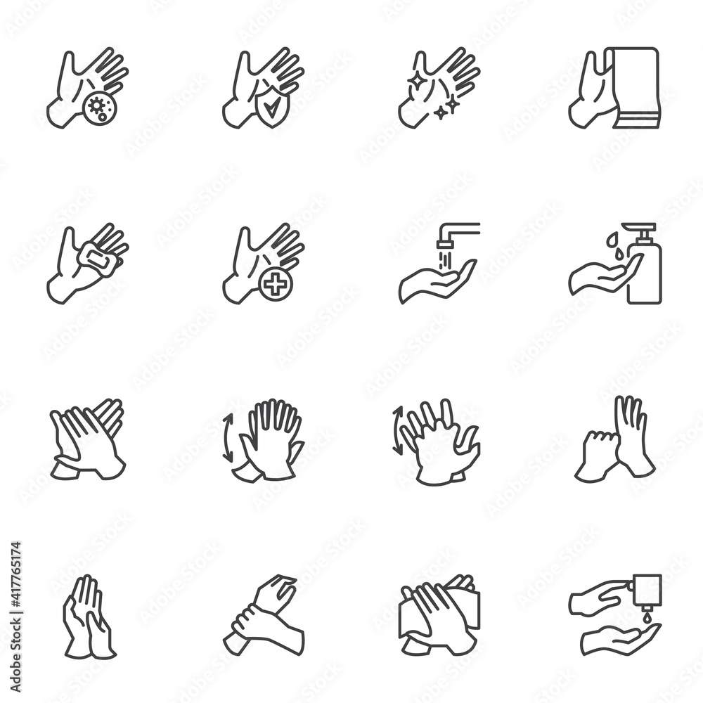Hand washing line icons set, hand hygiene outline vector symbol ...