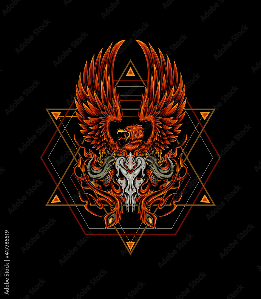 Phoenix. Color, graphic, digital drawing of the phoenix bird on sacred ...