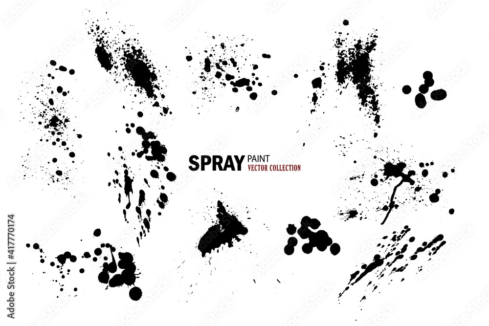 Poster Set of black ink splashes isolated on white background, grunge ink drops, stains and ...