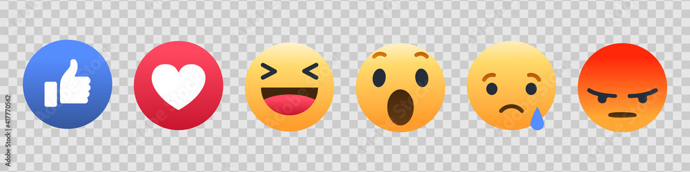 Set of 6 Facebook emoticons. Vector Emoji reactions on transparent ...