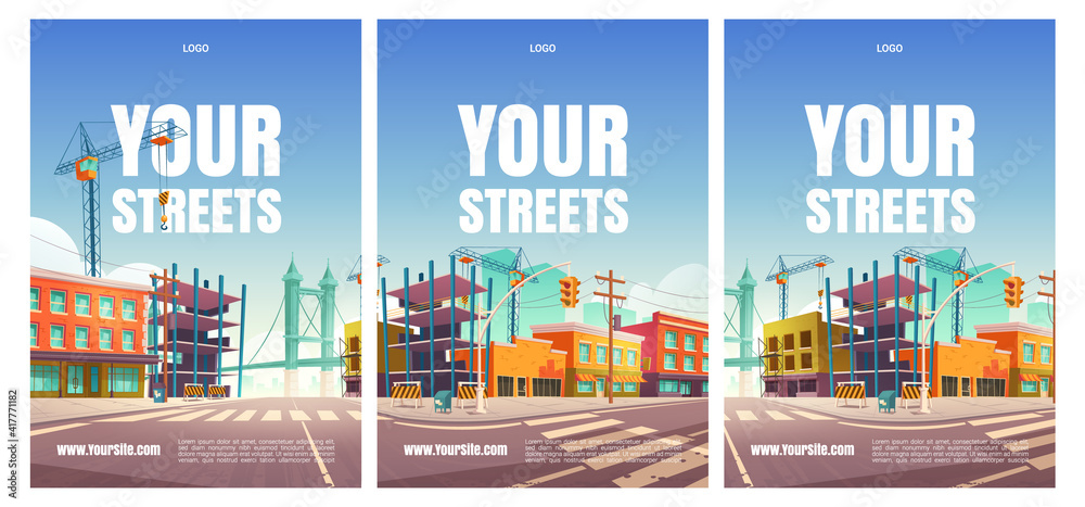 Your street cartoon posters with buildings under construction, site ...