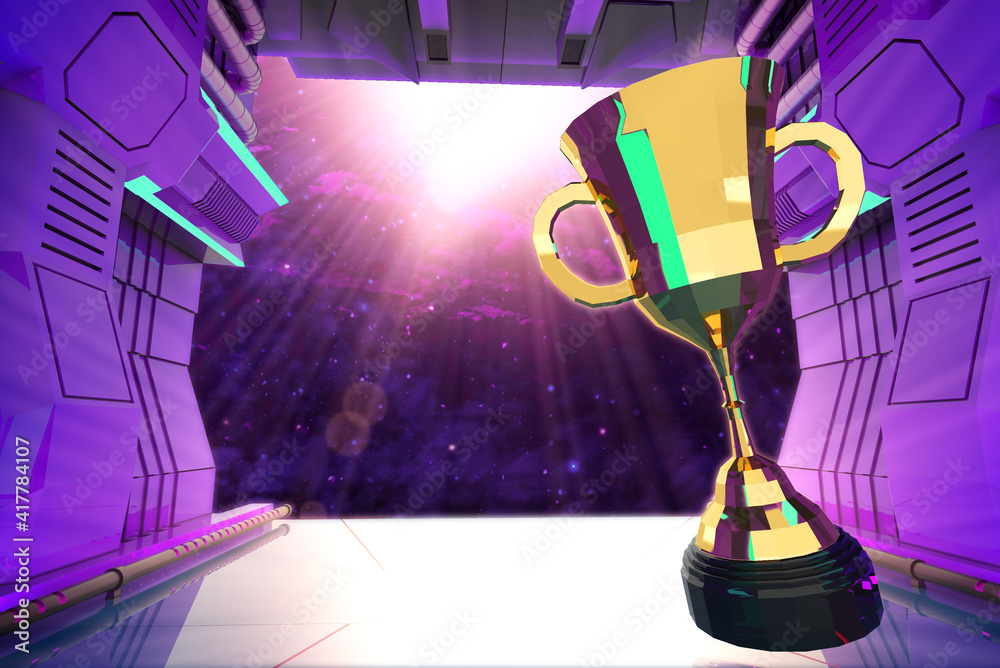 Trophy for winning a e-sports game floats on the air in spaceship with ...