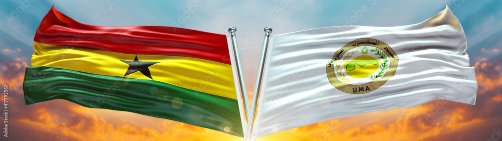 Ghana Flag and Arab Maghreb Union Flag waving with texture Blue sky ...