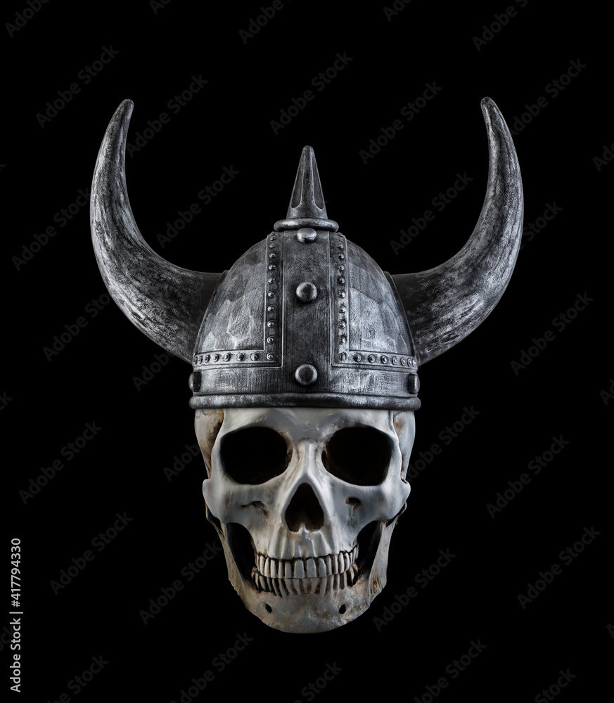 Human skull with viking horned helmet isolated on black Stock Photo ...