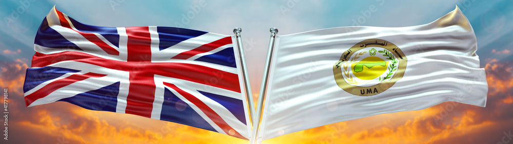 United Kingdom Flag and Arab Maghreb Union Flag waving with texture ...